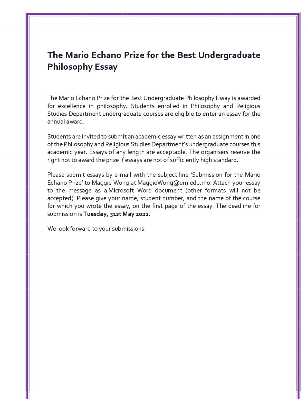 FAH/DPHIL: The Mario Echano Prize for the Best Undergraduate Philosophy ...