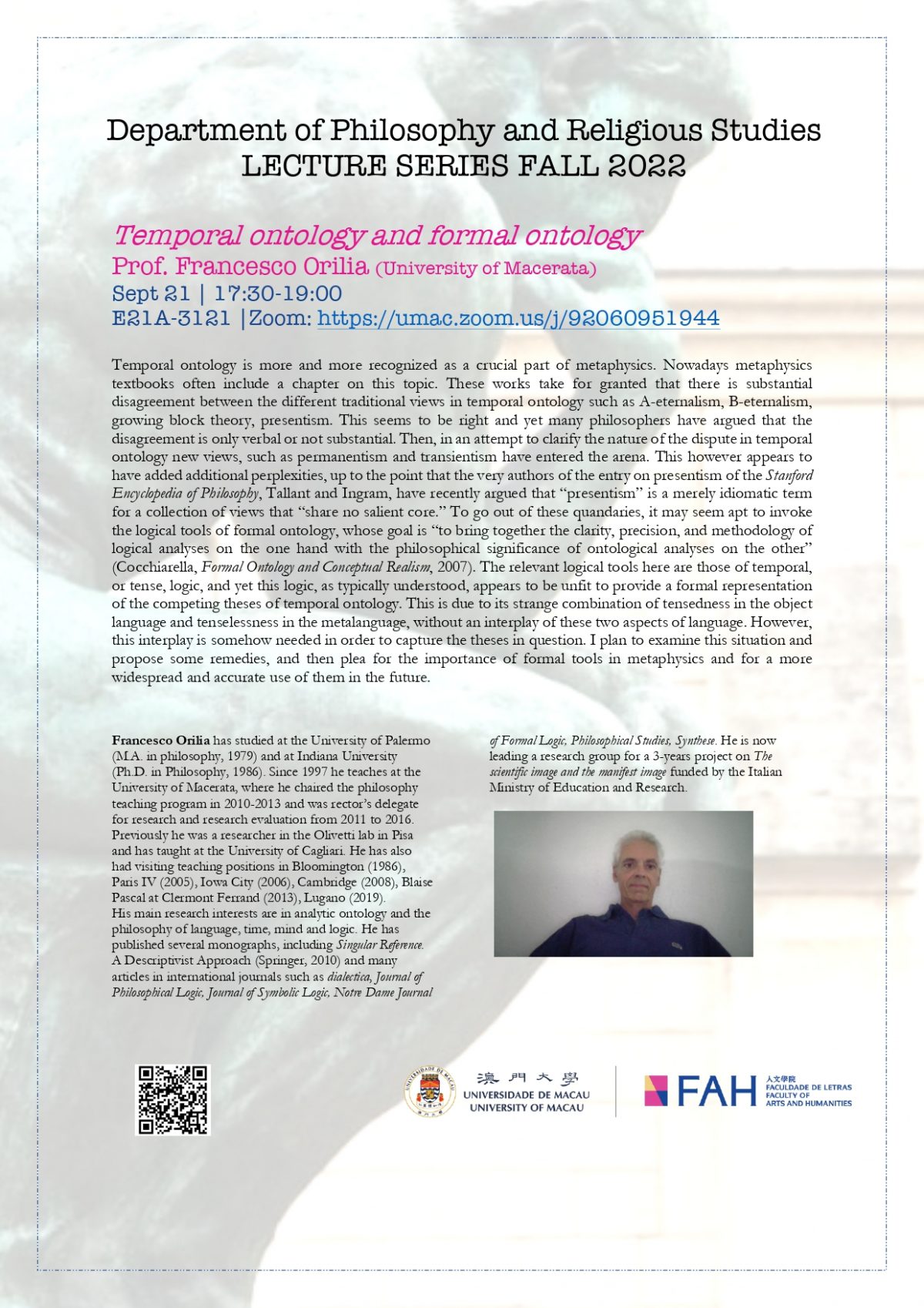Fah Dphil Lecture Series “temporal Ontology And Formal Ontology” By Prof Francesco Orilia
