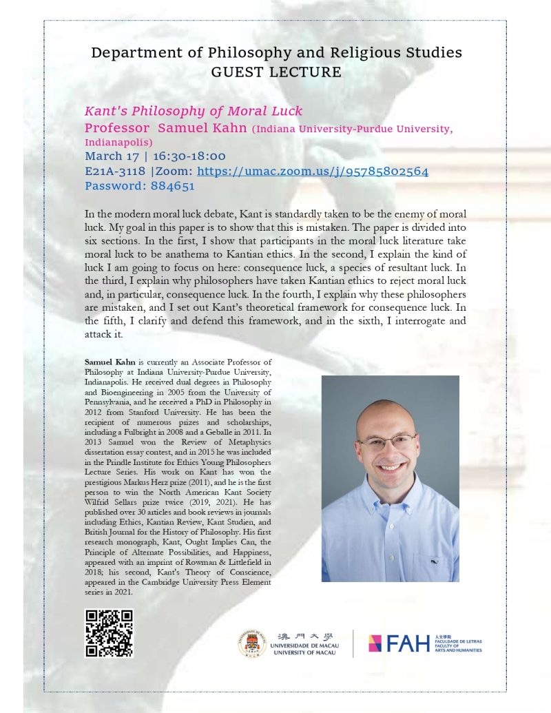 FAH/DPHIL Guest Lecture – “Kant's Philosophy of Moral Luck” by Prof ...