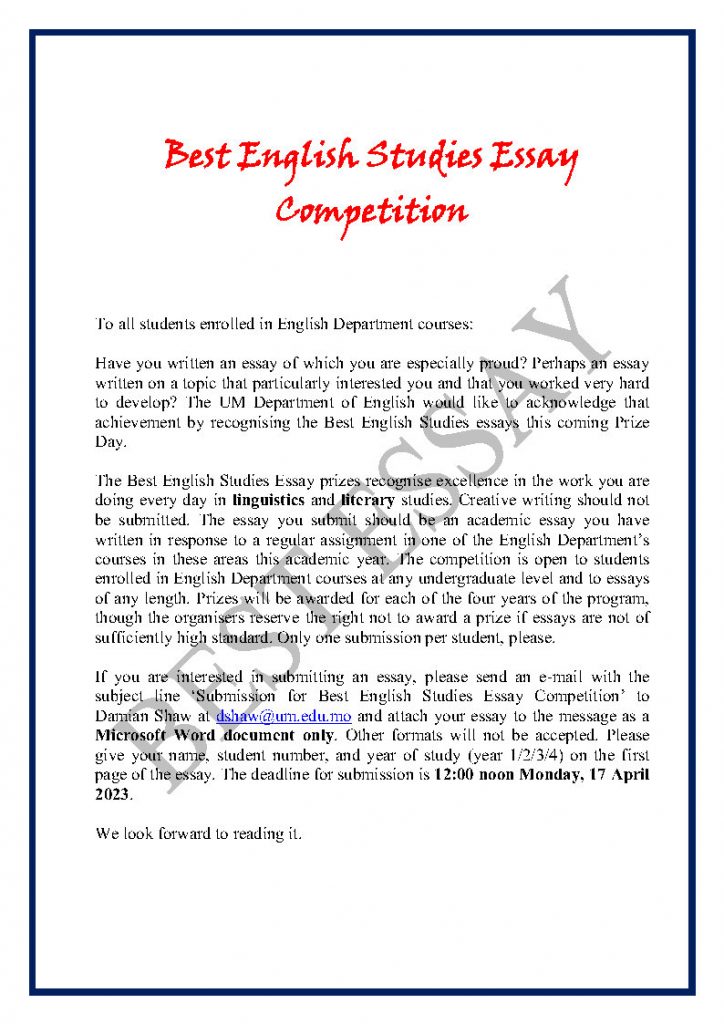 FAH-DENG: "Best English Studies Essay Competition" - Faculty of Arts ...